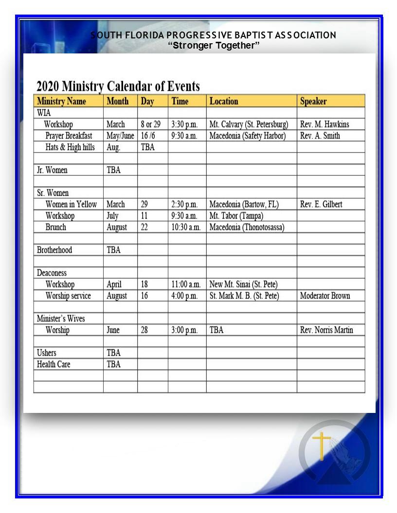Event Calendar | SOUTH FLORIDA PROGRESSIVE MISSIONARY BAPTIST ASSOCIATION
